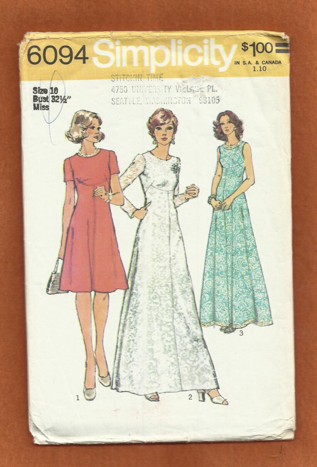 1970's Simplicity 6094 Evening or Day Length Dresses With Shaped Empire ...
