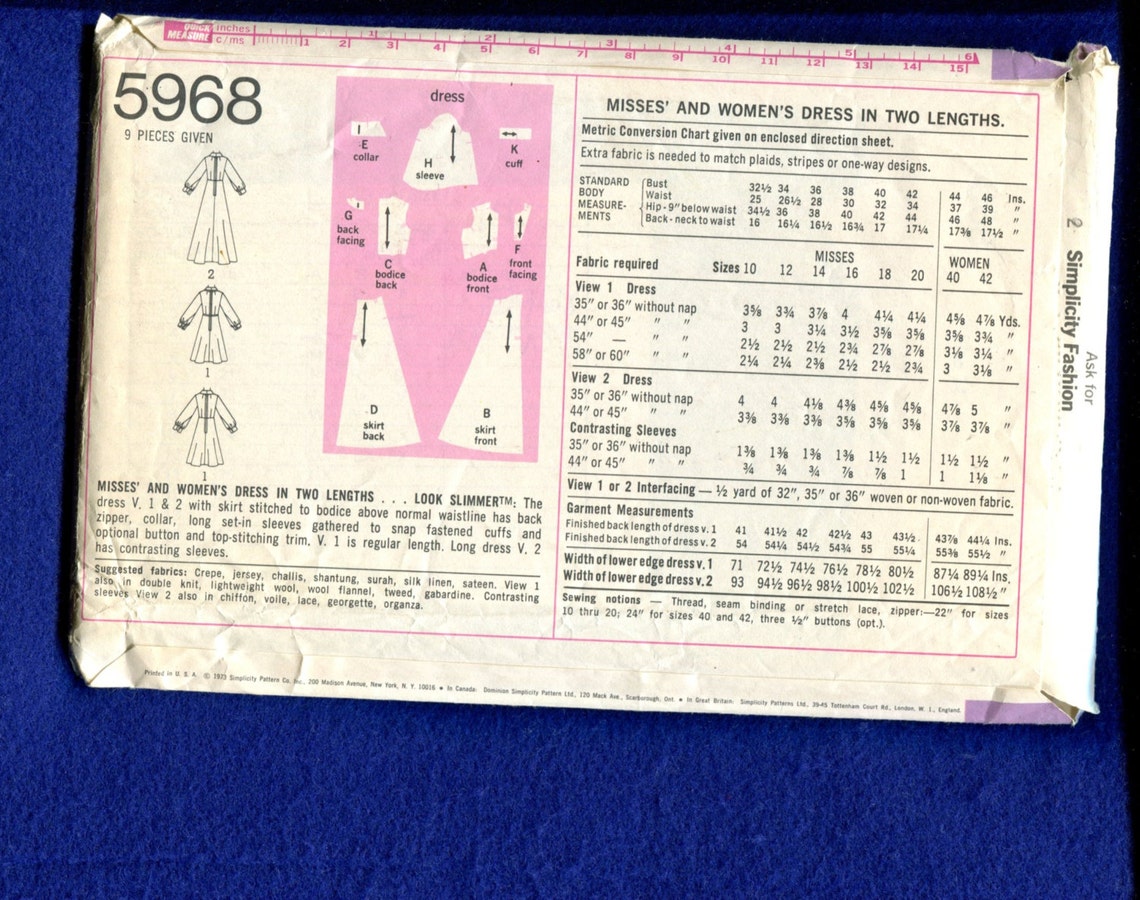 1970's Simplicity 5968 Retro Elegance Shaped Raised Waist | Etsy