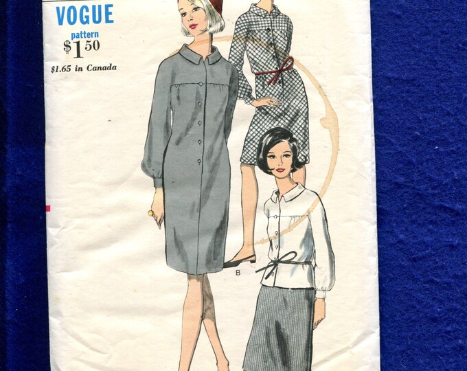 1960's Vogue 6573 Retro Shirt Dress Blouse & Slim Skirt Pattern Size 14 ...