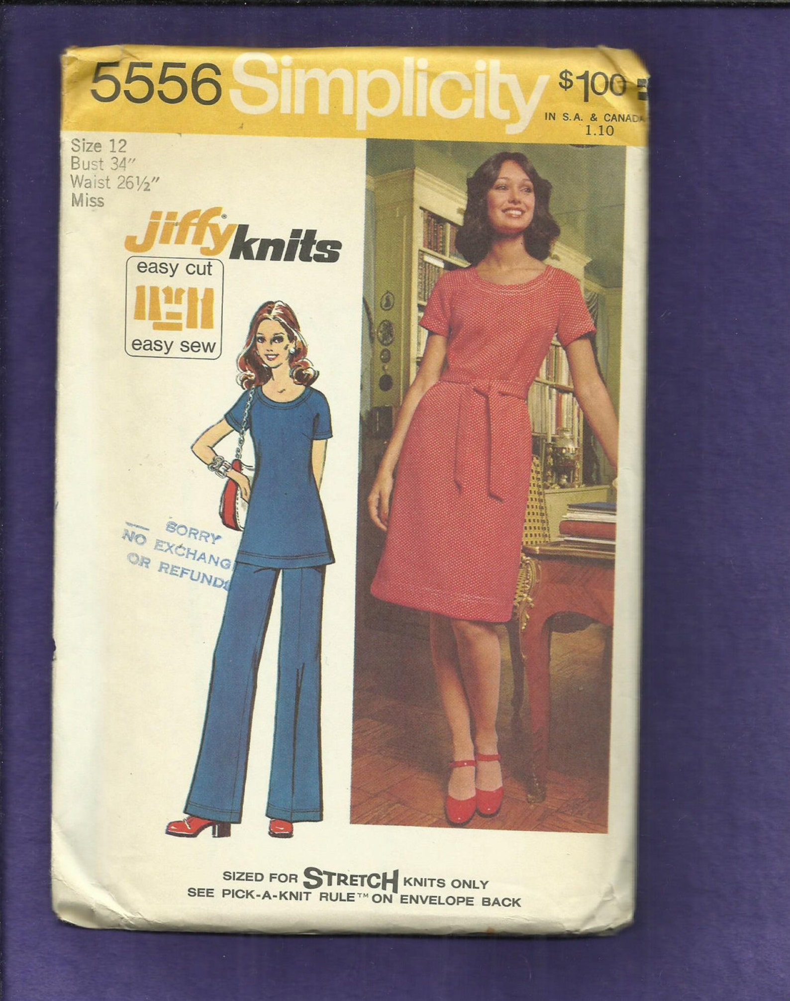 1973 Simplicity 5556 Jiffy Scoop Neck Tee Shirt Dress & Wide Leg Pants ...