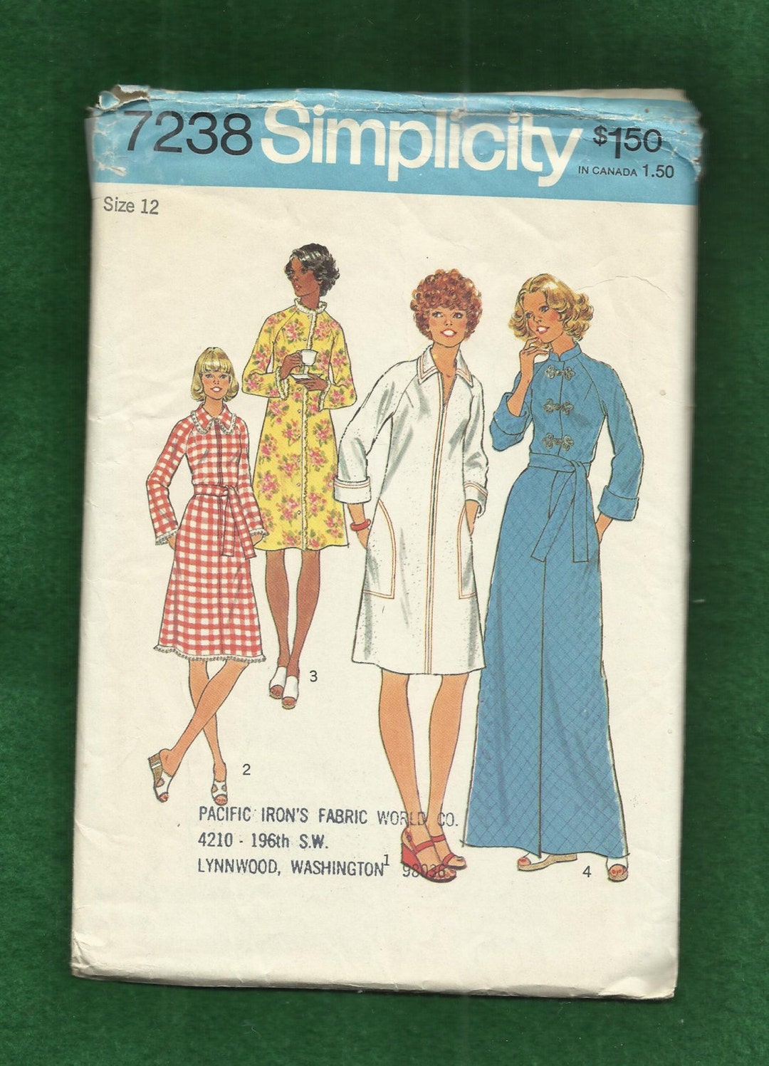 1975 Simplicity 7238 Robe Hostess or Dressing Gown With Raglan Sleeves ...