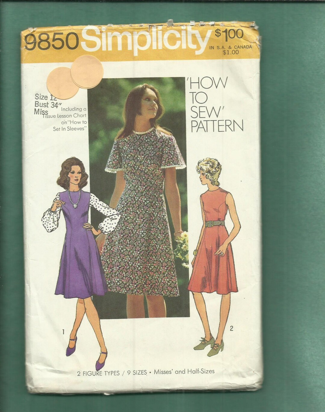1971 Simplicity 9850 Flared Princess Seams Dresses With Jewel Necklines ...