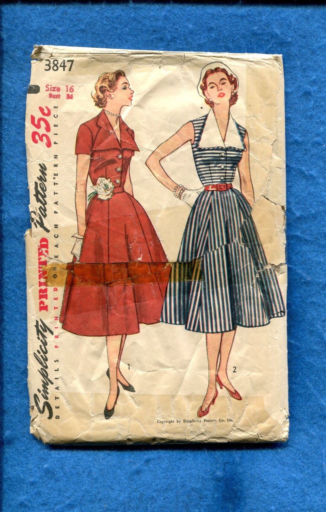 1950's Simplicity 3847 Mid Century Fitted Bodice Dress Pattern Size 16 ...