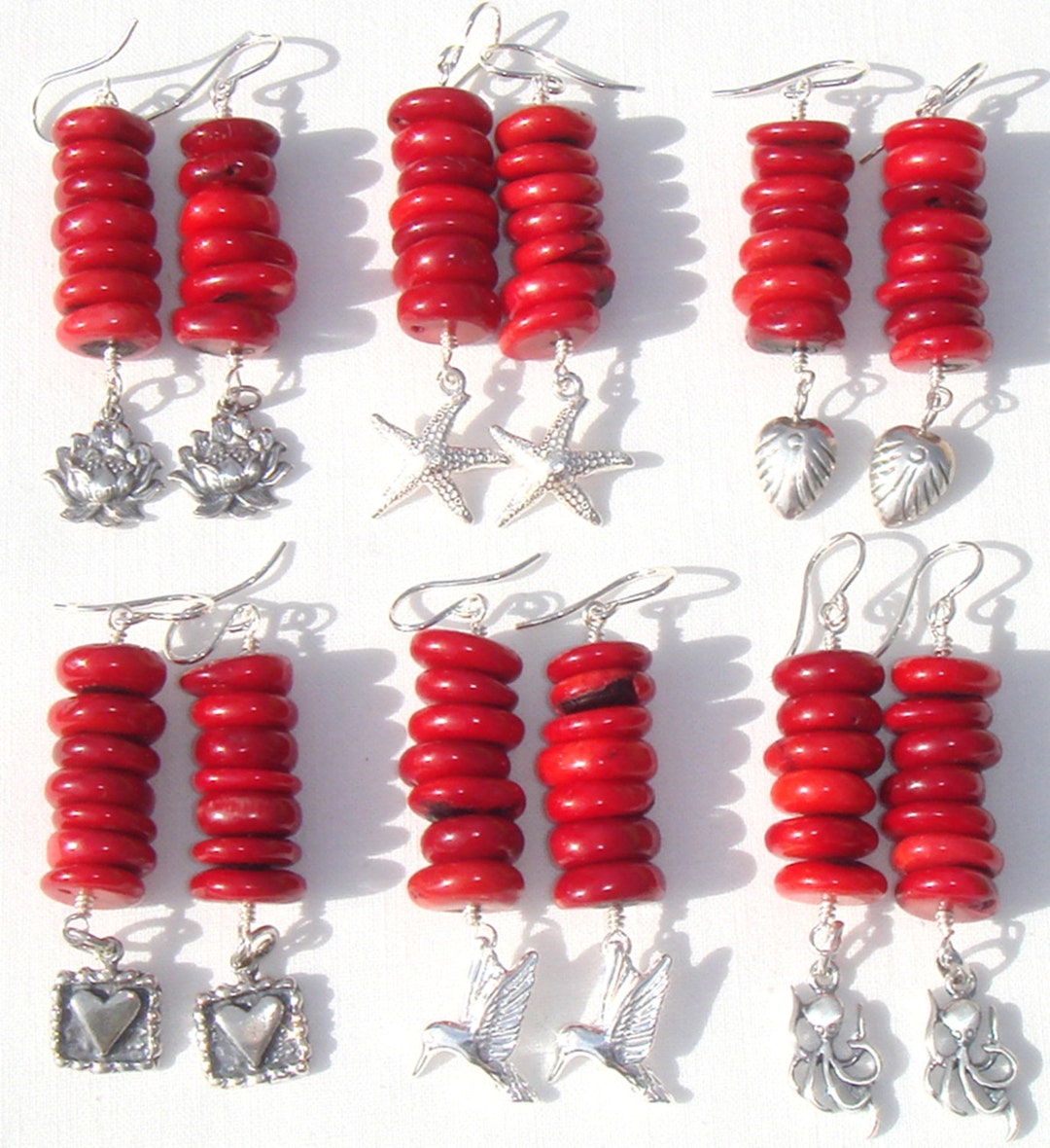 Natural Red Coral Earrings With Sterling Charms - Etsy