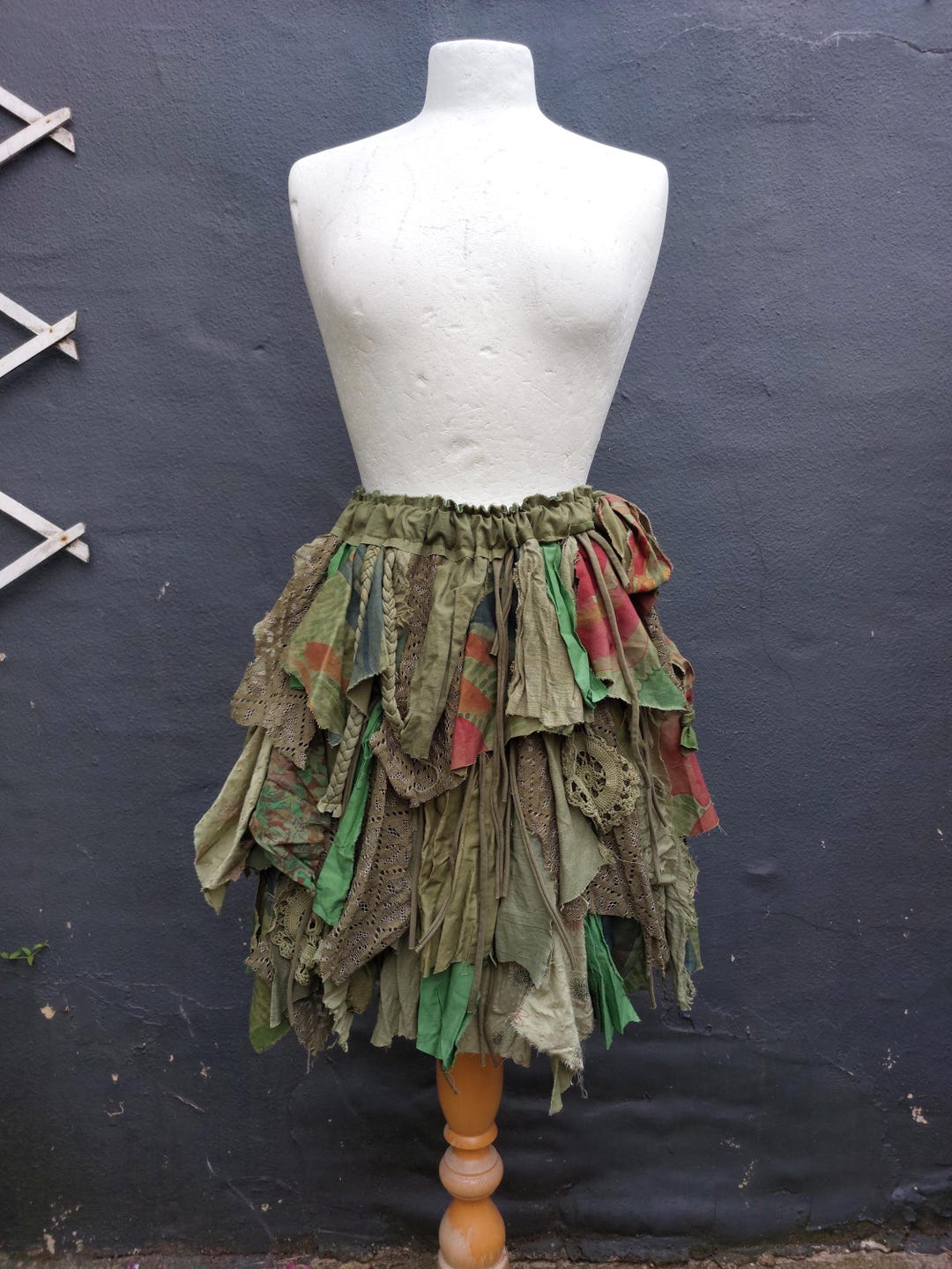 Green Skirt Woodland Pixie Skirt Hand Dyed Tattered Short Repurposed Shredded Fabrics Forest ...