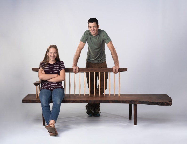 Live Edge Wooden Bench With Spindle Back and Arm Rest - Handmade Comfortable Wood Bench for ...