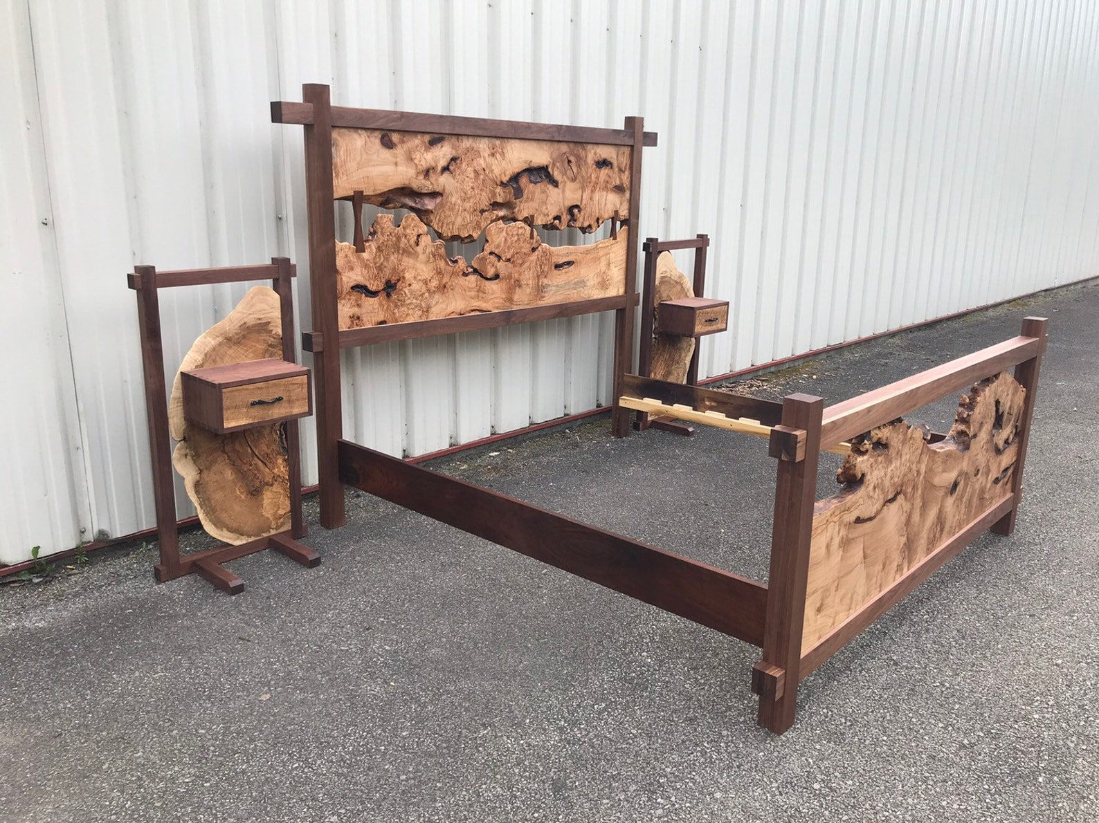 King Size Bed Frame Side Table With Drawers - Live Edge 4 Post Platform ...