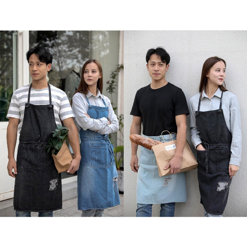 Washing Denim Apron With Pockets Adjustable for Women and Men - Etsy