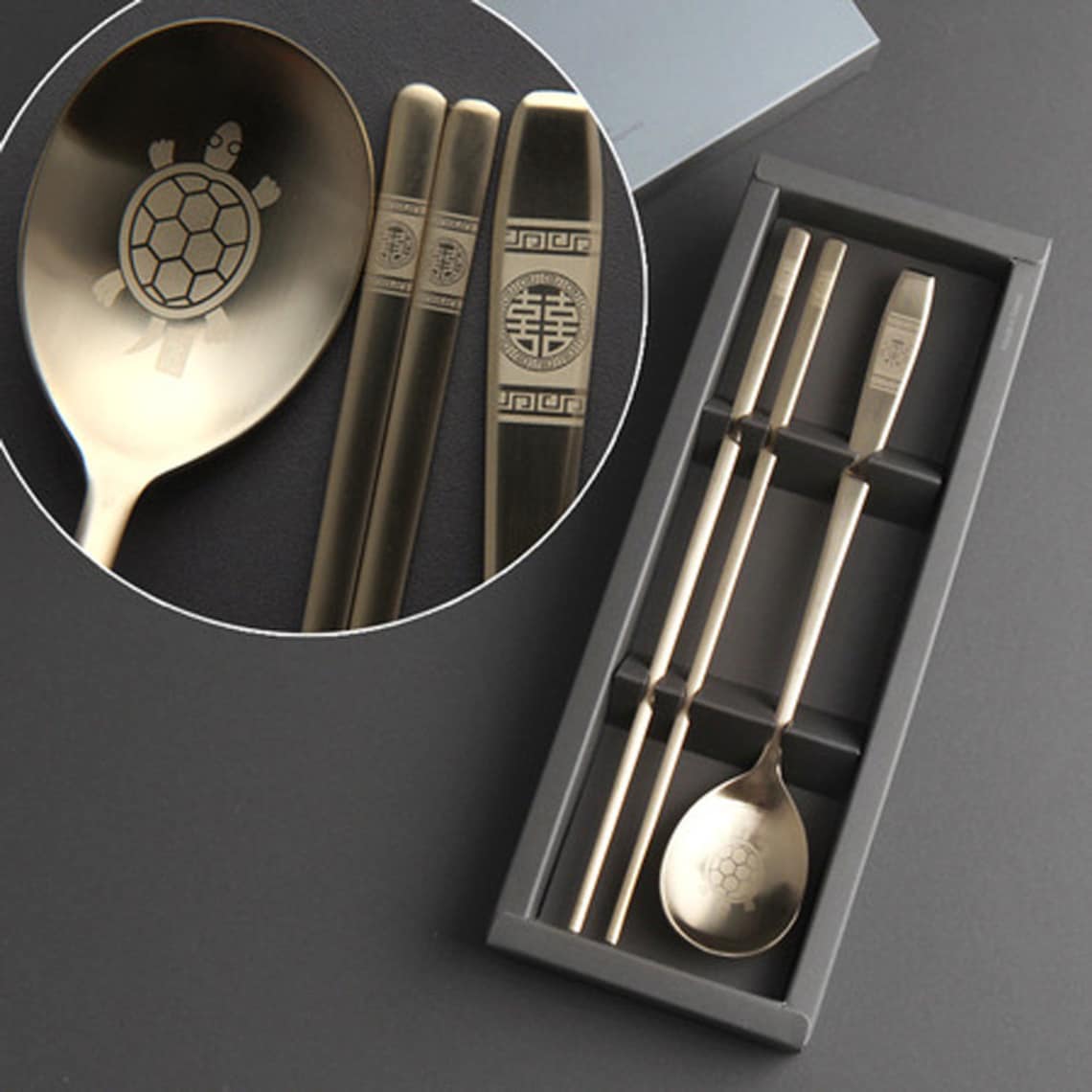 Korean Chopsticks Spoon Set: Gold Stainless Steel Sujeo, Turtle Design ...