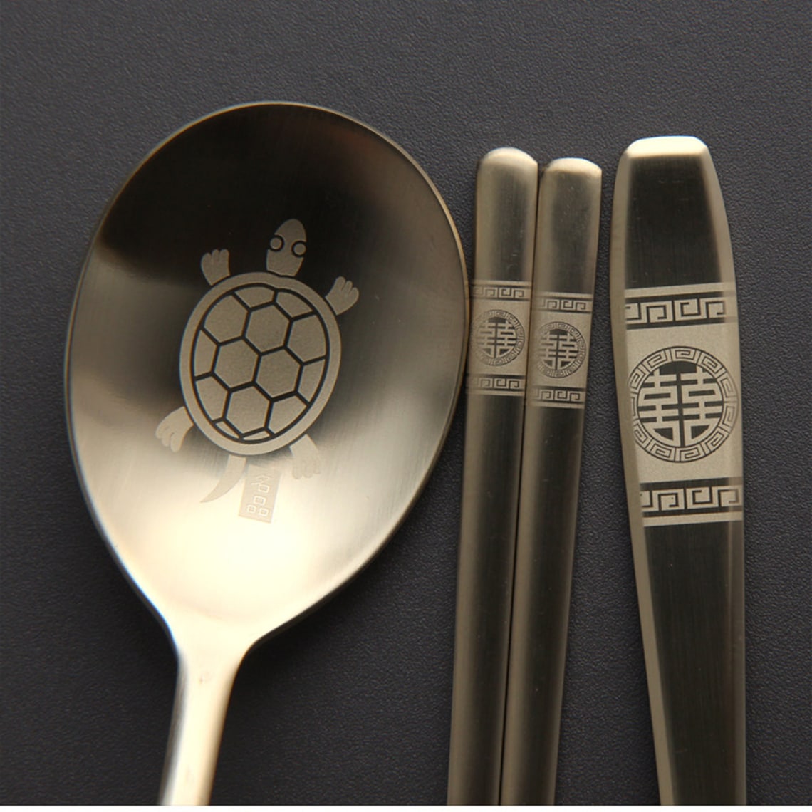 Korean Chopsticks Spoon Set: Gold Stainless Steel Sujeo, Turtle Design ...