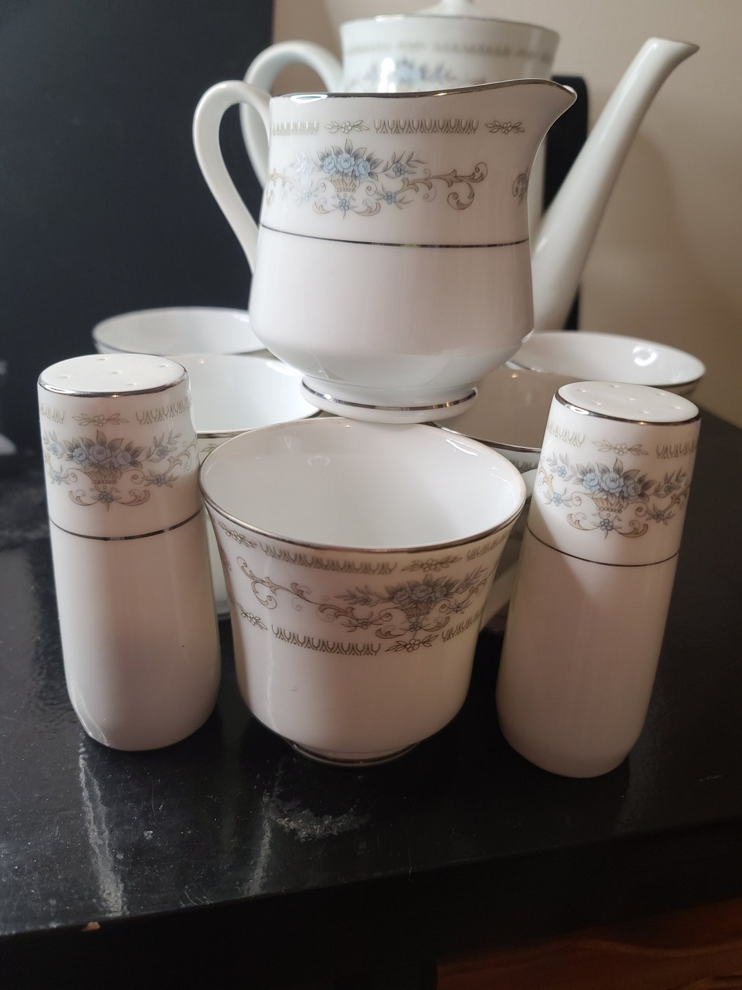 BEAUTIFUL Set of Diana Teapot, Six Teacups, Creamer Pitcher and Salt ...