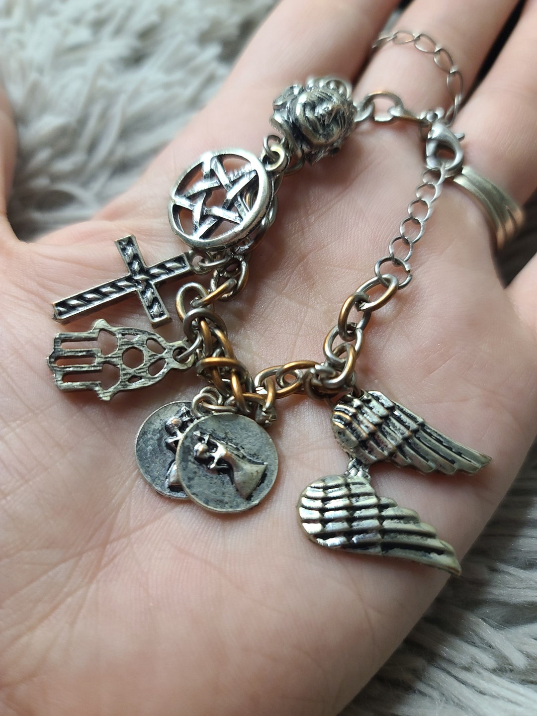 Vintage Religious Silver Tone Charm Bracelet | Cross Charm Bracelet ...