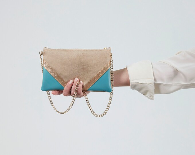 Turquoise and Gold Wedding Clutch. (suede, Faux Leather, Sequins ...