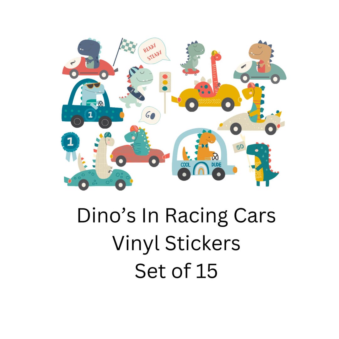 Dinosaur Stickers, Racing Dinosaurs in Cars, Vinyl Decal Stickers ...