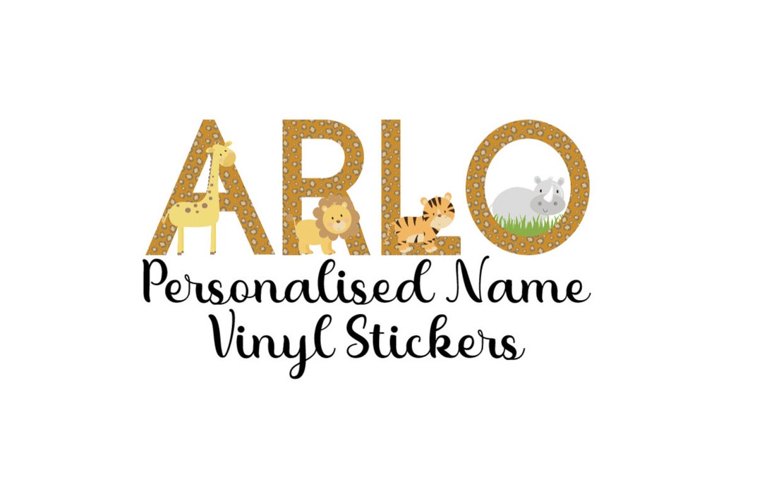 Personalised Name Stickers, Jungle Animal Theme Name, Stick on Vinyl ...