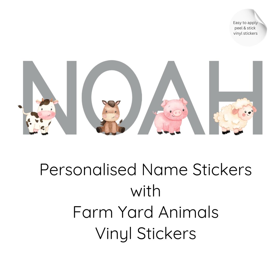Farm Yard Animal Personalised Name Stickers, Cute Farm Animals, Grey ...