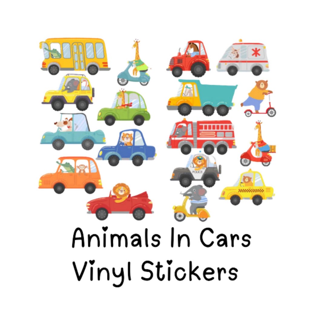 Animals in Cars Vinyl Sticker Set for Kids Elephant Fire Engine Lion ...