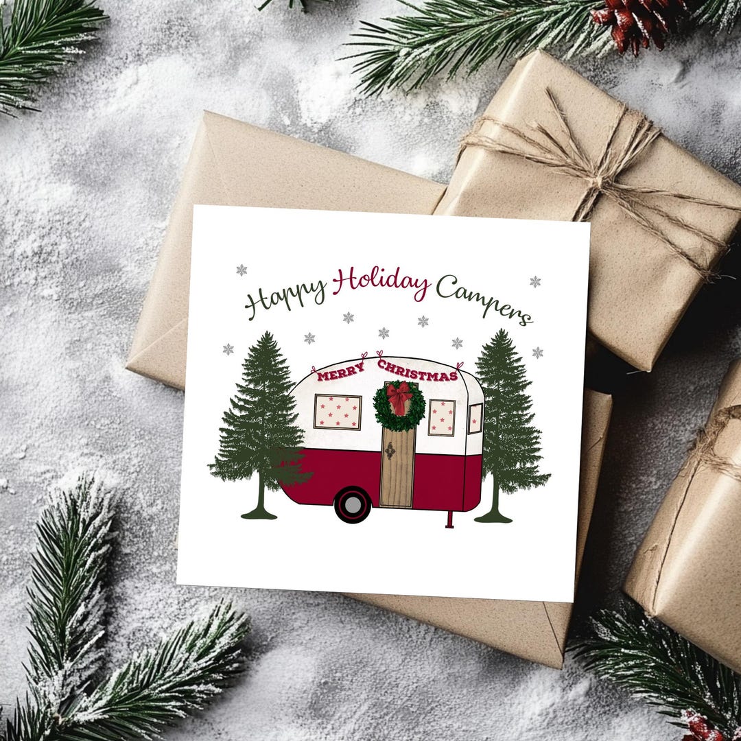 Caravan Theme Christmas Card, Happy Holidays Campers Christmas Card ...