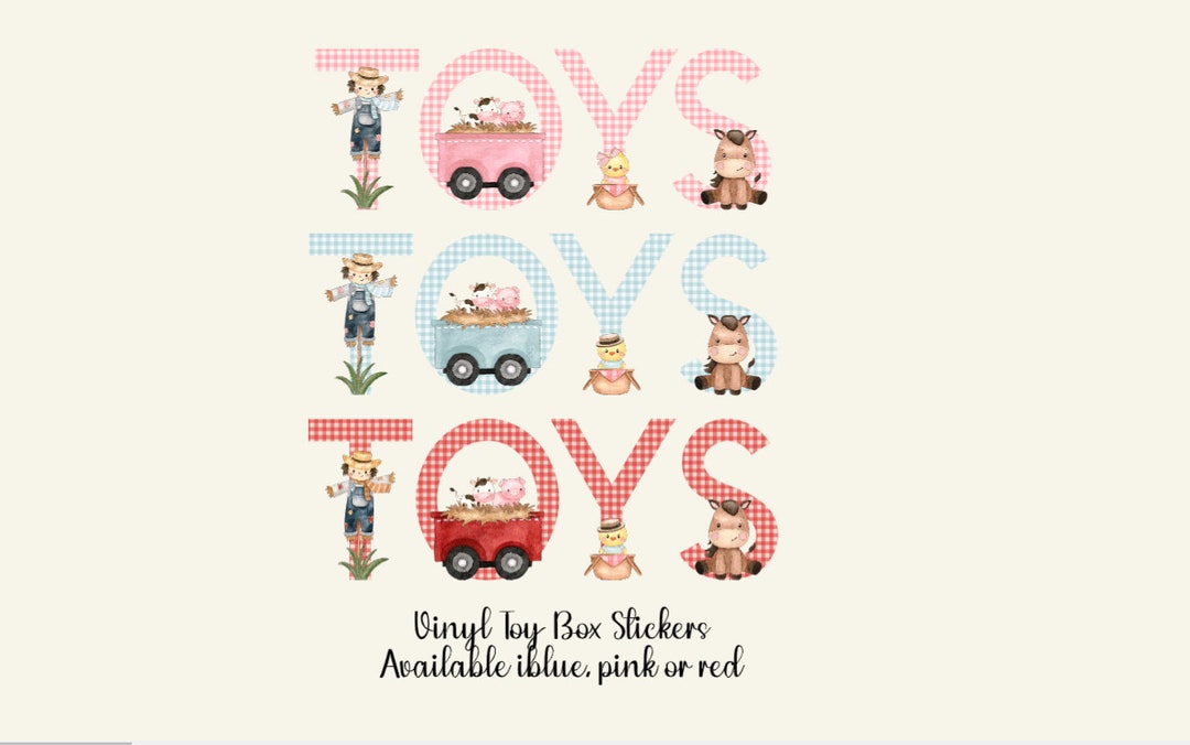 Farm Yard Animal Toy Box Stickers, Toys or Toy Box Style, Blue Pink or ...