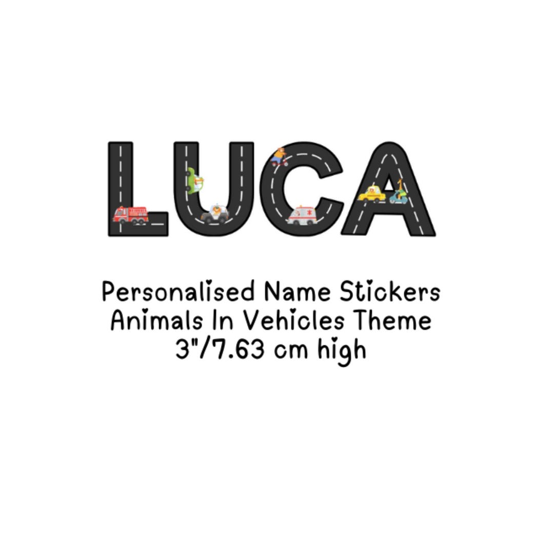 Personalised Name Stickers Transport Theme, Animals in Vehicles Vinyl ...