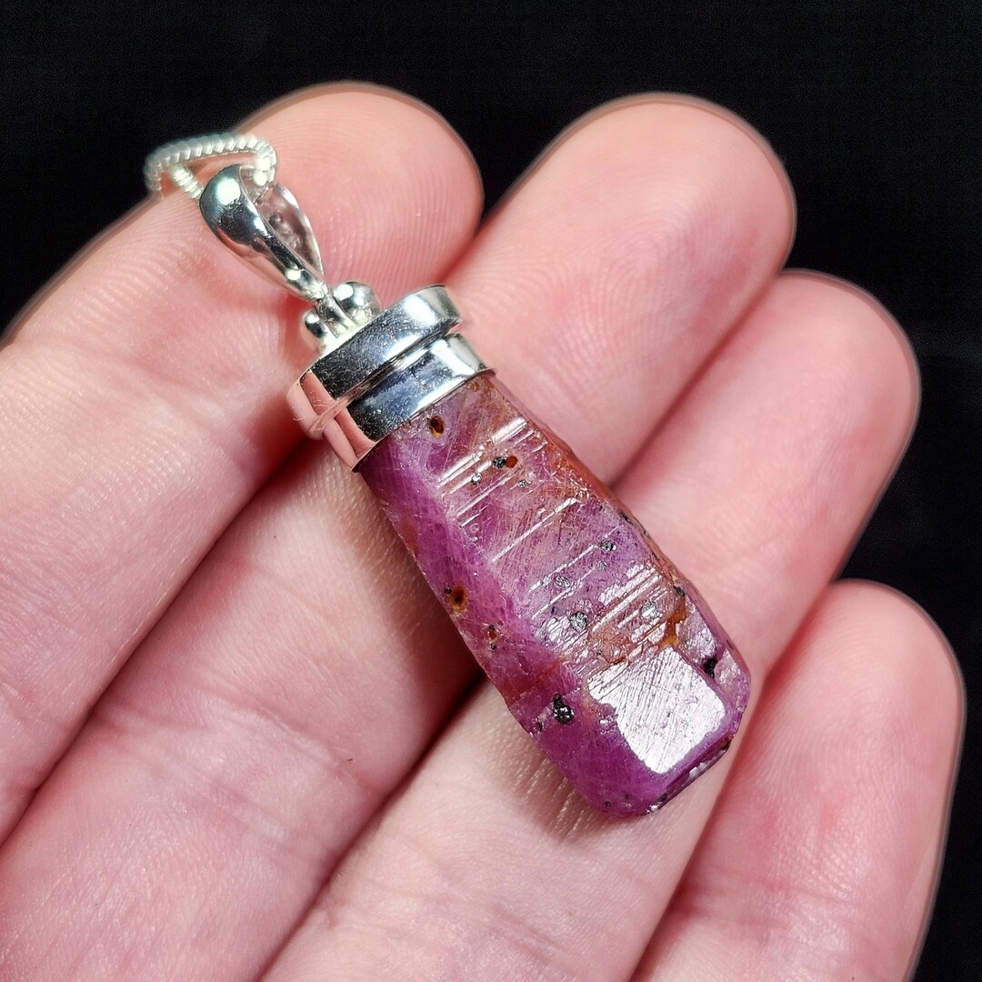 Ruby Crystal Pendant - Raw Indian Crystal, Sterling Silver - UV ...
