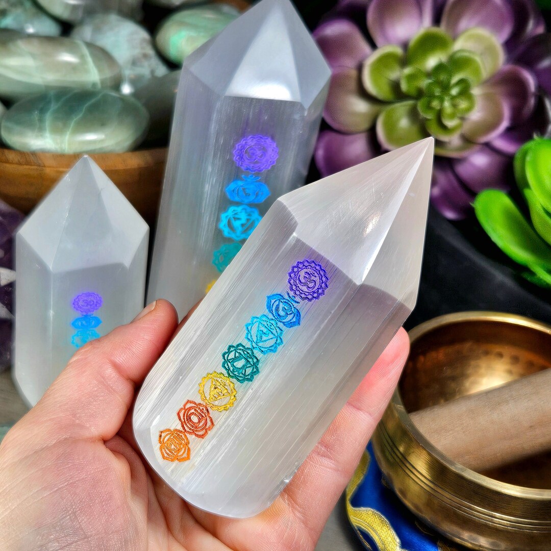 Chakra Selenite Tower - Selenite Wand - Chakra Tower - Chakra Crystals ...