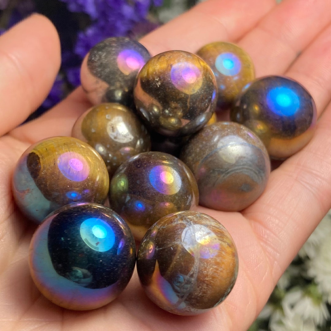 Angel Aura Tigers Eye Sphere - Titanium Aura Crystal - Tigers Eye Stone ...