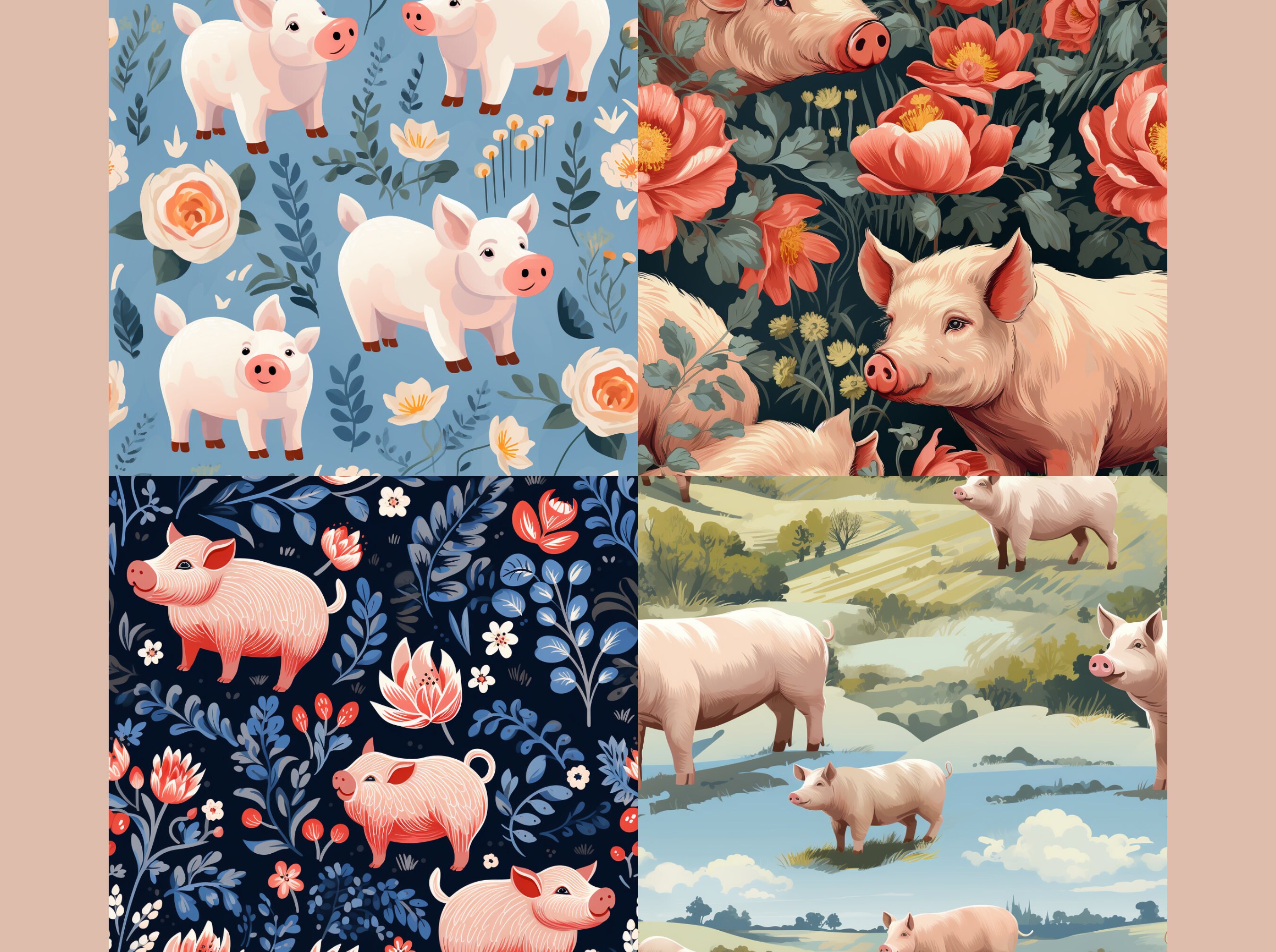 COUNTRY PIGS Farm House Animals Digital Papers Seamless Digital Pattern ...