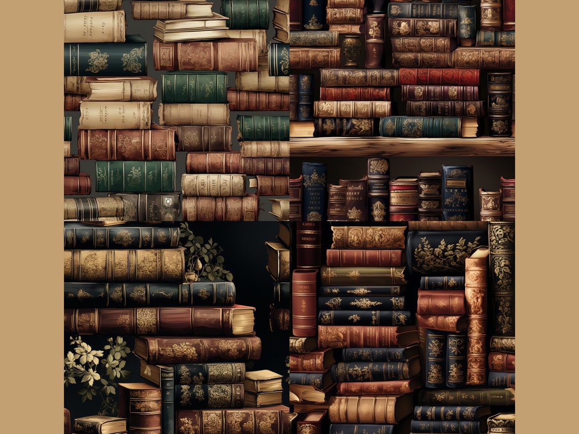 VINTAGE LIBRARY Antique Books Digital Papers Seamless Digital Pattern ...