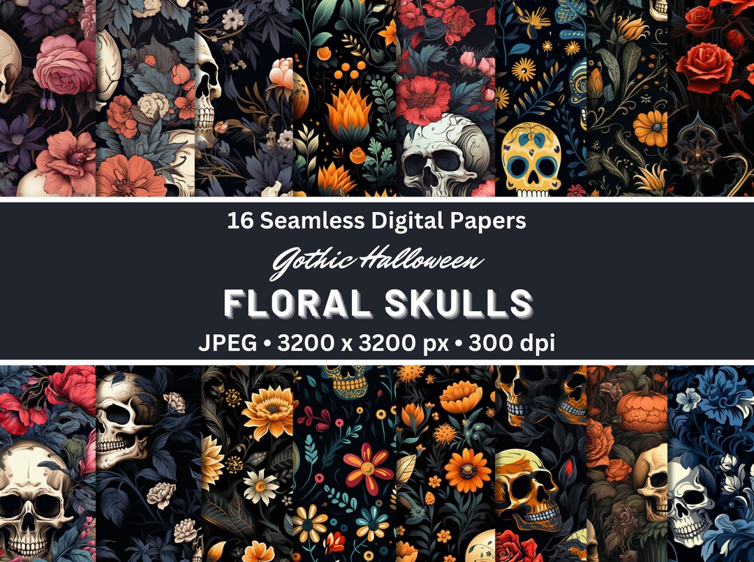 FLORAL SKULLS Gothic Halloween Digital Papers Seamless Digital Pattern ...