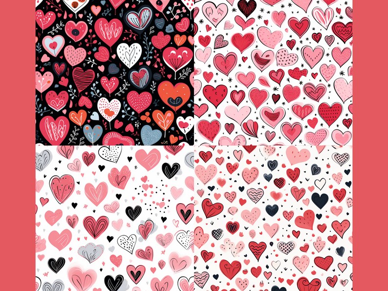VALENTINE'S DOODLE HEARTS Red Pink Digital Papers Seamless Pattern ...