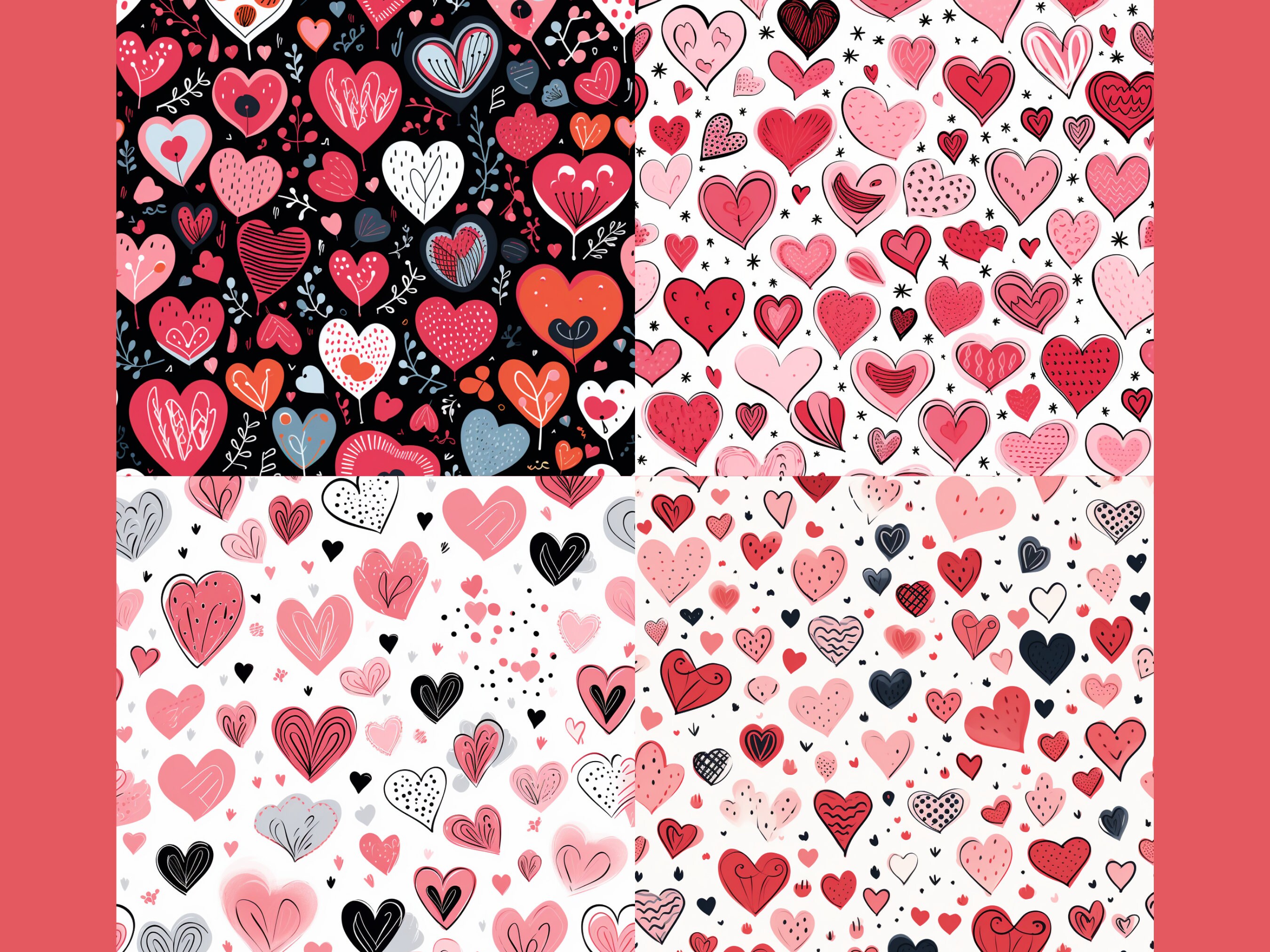 VALENTINE'S DOODLE HEARTS Red Pink Digital Papers Seamless Pattern ...