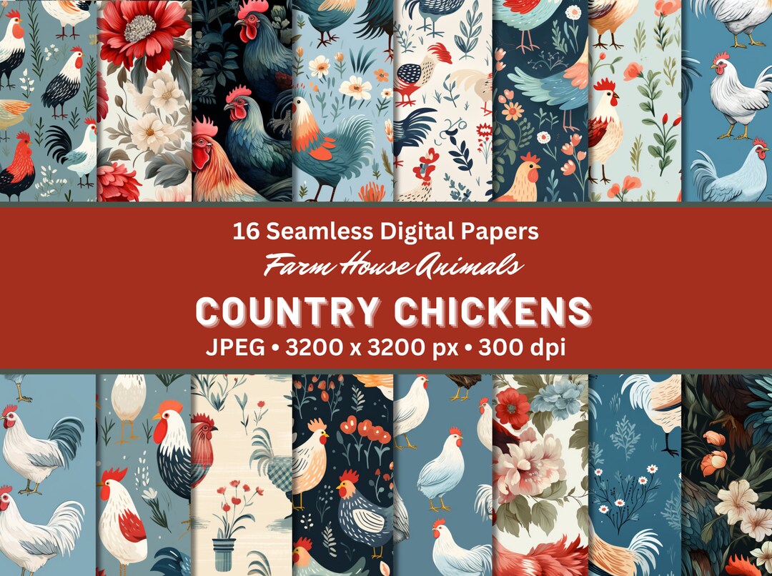 COUNTRY CHICKENS Farm House Animals Digital Papers Seamless Digital ...
