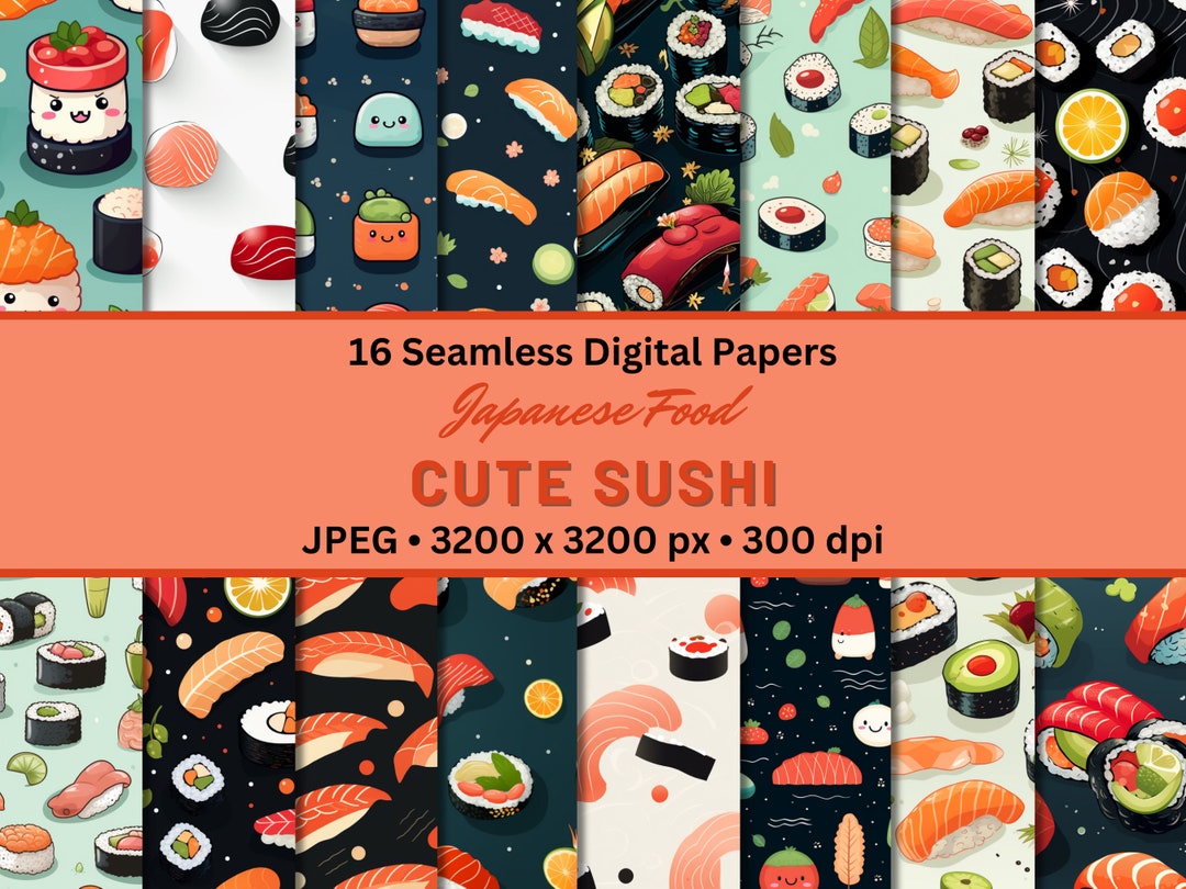 CUTE SUSHI Japanese Food Patterns Digital Papers Seamless Digital ...