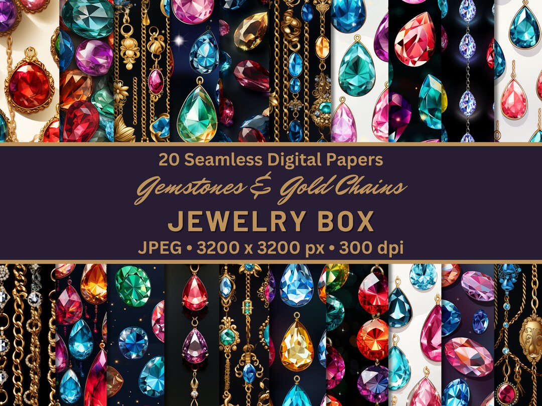 JEWELRY BOX Gemstones & Gold Chains Patterns Digital Papers Seamless ...