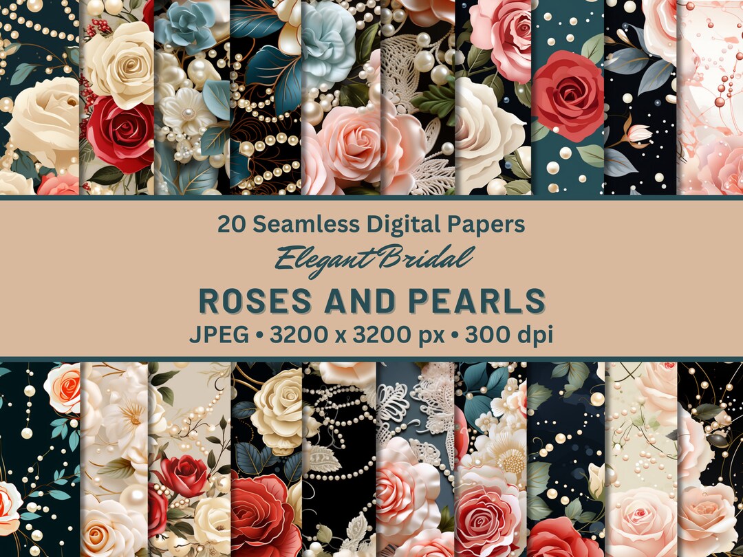 ELEGANT BRIDAL Roses & Pearls Floral Patterns Digital Papers Seamless ...