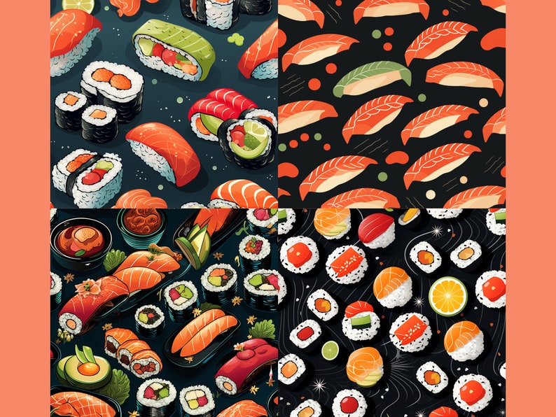 CUTE SUSHI Japanese Food Patterns Digital Papers Seamless Digital ...