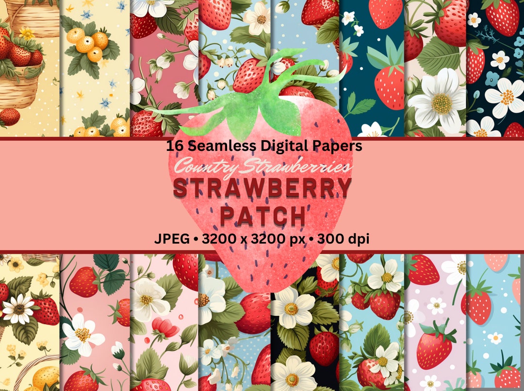 STRAWBERRY PATCH Country Strawberries Digital Papers Seamless Digital ...