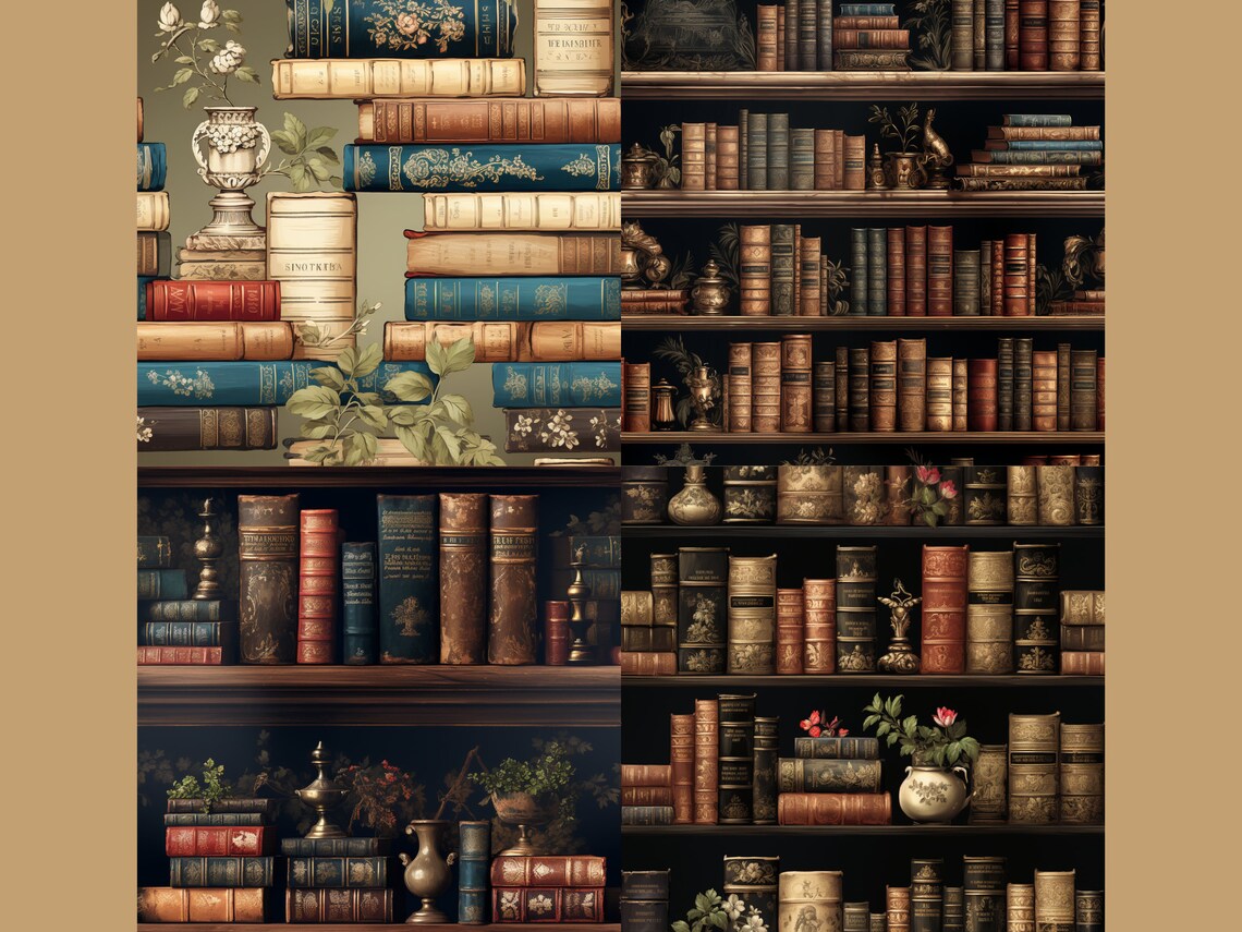 VINTAGE LIBRARY Antique Books Digital Papers Seamless Digital Pattern ...