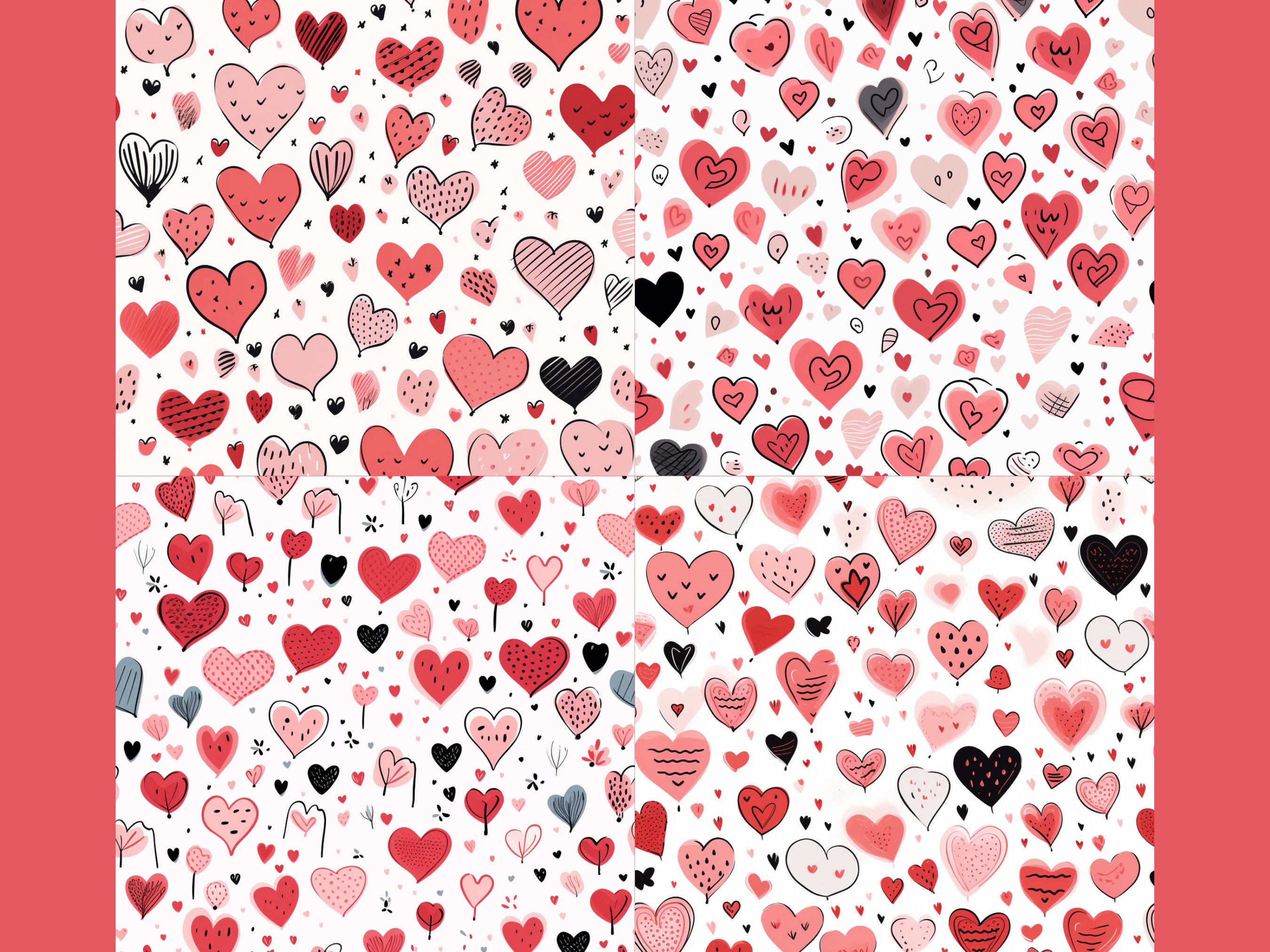 VALENTINE'S DOODLE HEARTS Red Pink Digital Papers Seamless Pattern ...