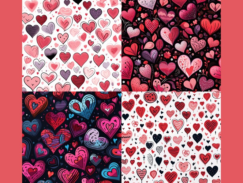VALENTINE'S DOODLE HEARTS Red Pink Digital Papers Seamless Pattern ...