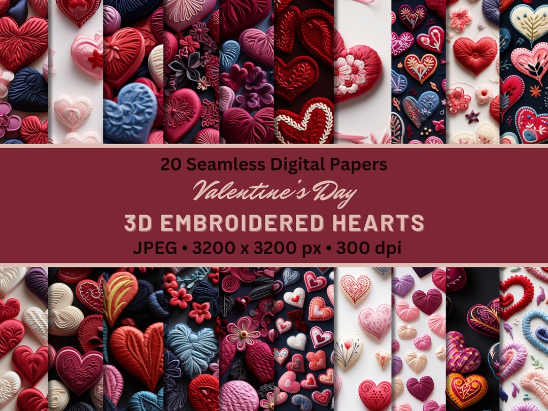 VALENTINE'S EMBROIDERY 3D Embroidered Hearts Digital Papers Seamless ...