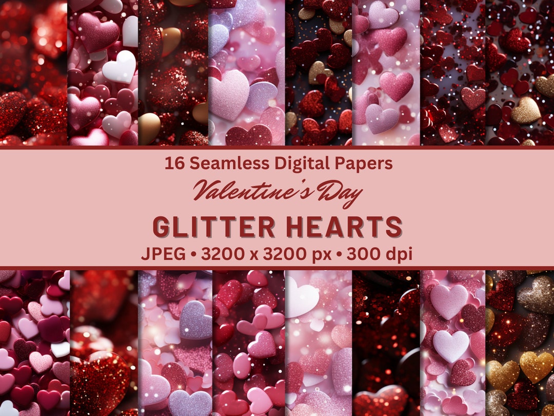 VALENTINE'S GLITTER HEARTS Red Pink Digital Papers Seamless Pattern ...