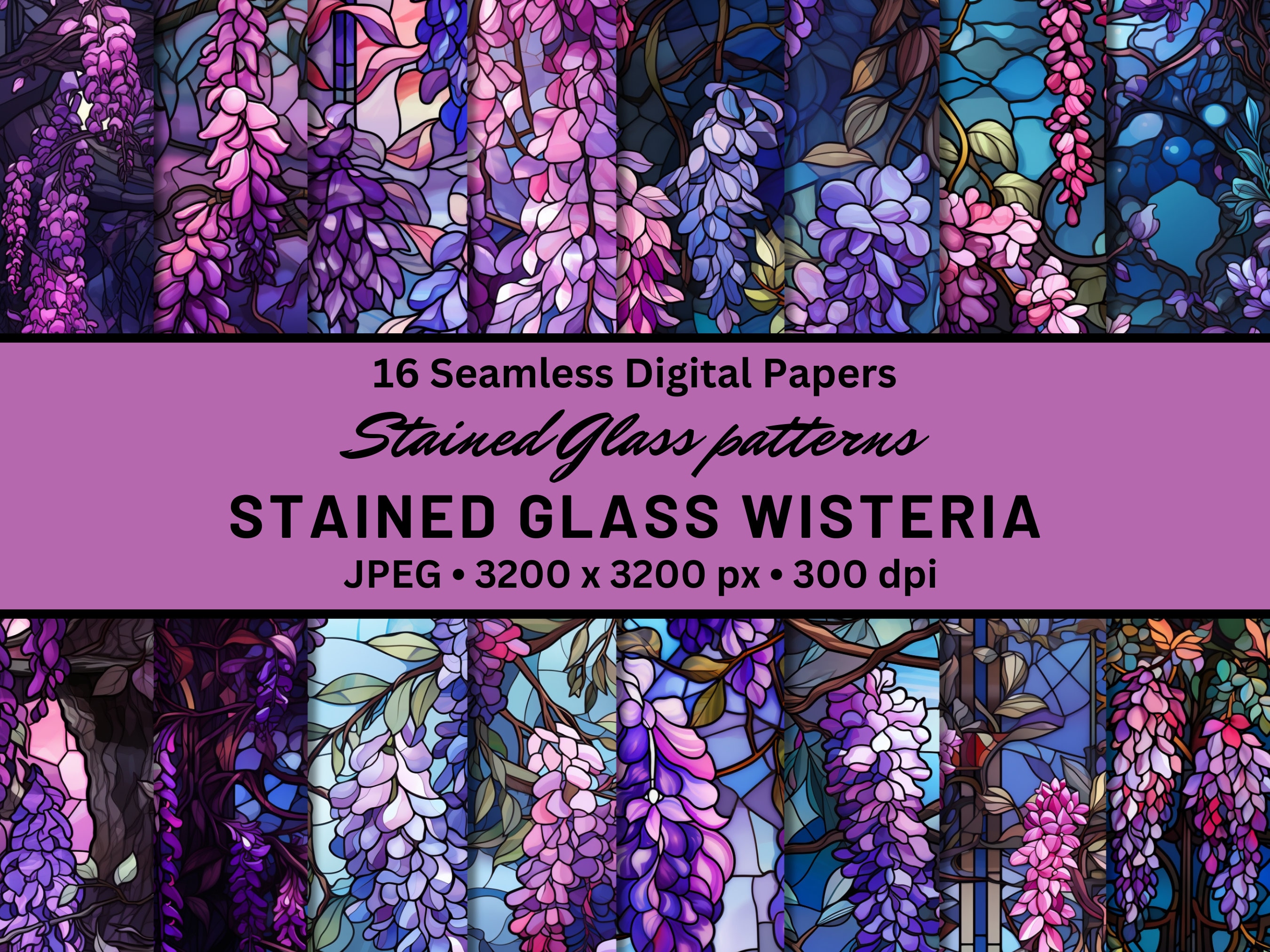 STAINEDGLASS WISTERIA Stained Glass Floral Patterns Digital Papers ...