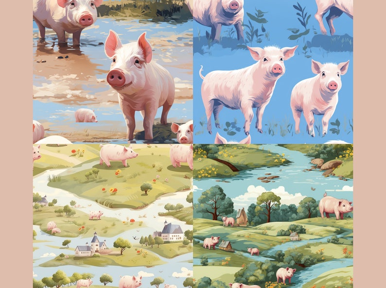 COUNTRY PIGS Farm House Animals Digital Papers Seamless Digital Pattern ...
