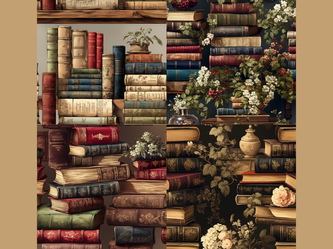 VINTAGE LIBRARY Antique Books Digital Papers Seamless Digital Pattern ...