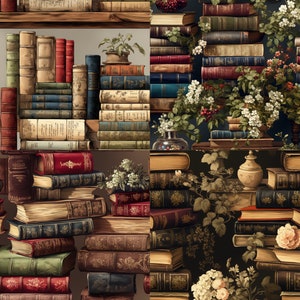 VINTAGE LIBRARY Antique Books Digital Papers Seamless Digital Pattern ...