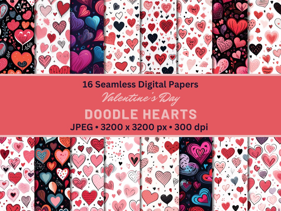 VALENTINE'S DOODLE HEARTS Red Pink Digital Papers Seamless Pattern ...