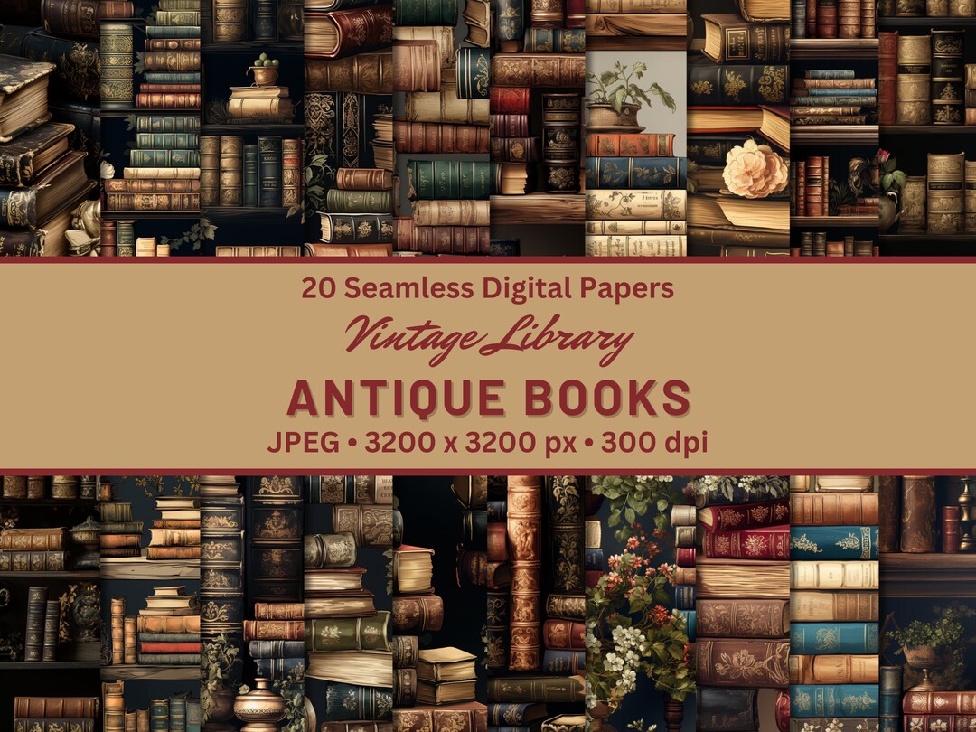VINTAGE LIBRARY Antique Books Digital Papers Seamless Digital Pattern ...