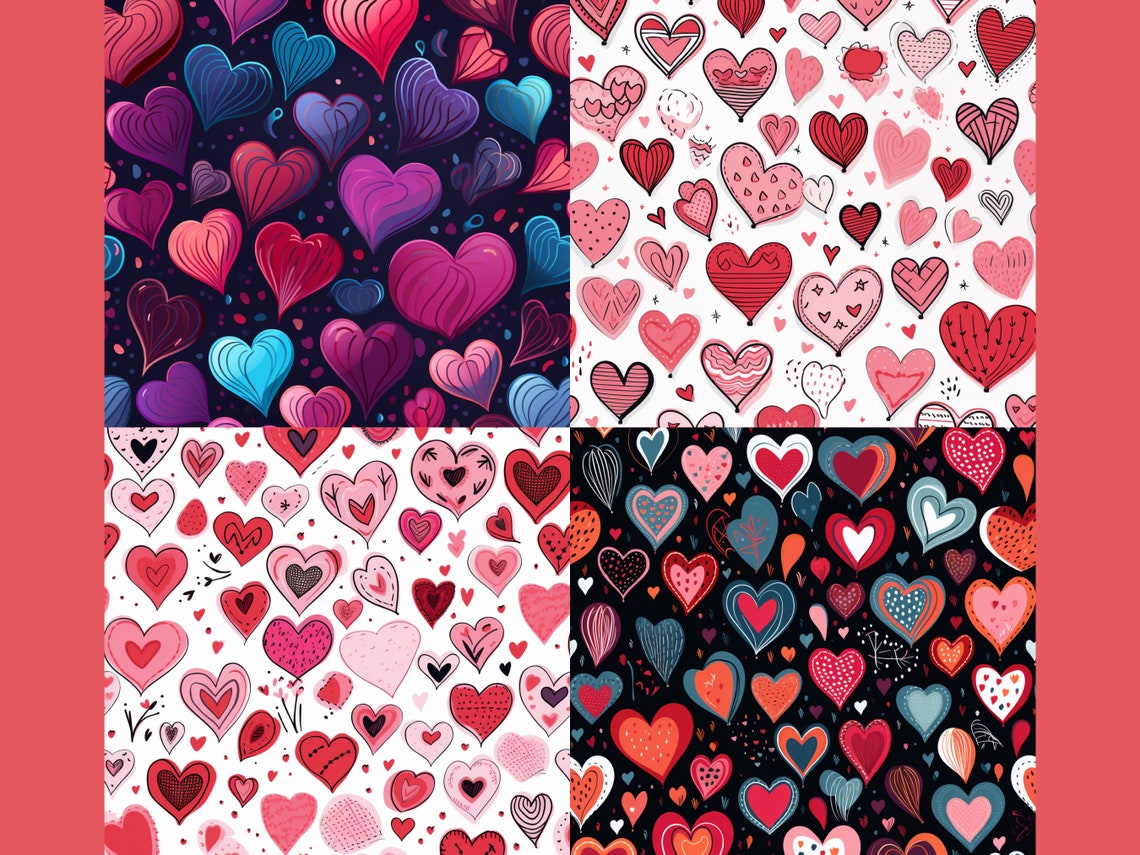 VALENTINE'S DOODLE HEARTS Red Pink Digital Papers Seamless Pattern ...